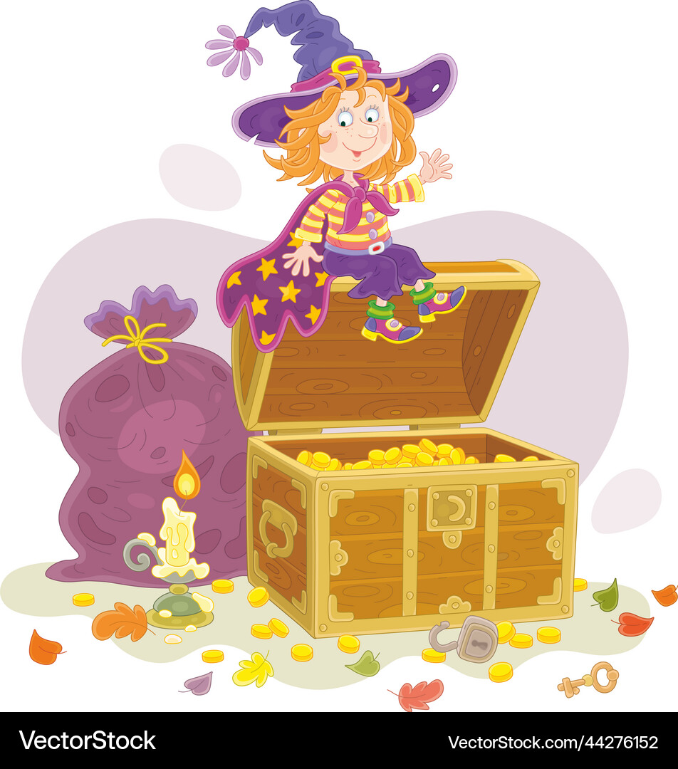 Little witch and a treasure chest Royalty Free Vector Image