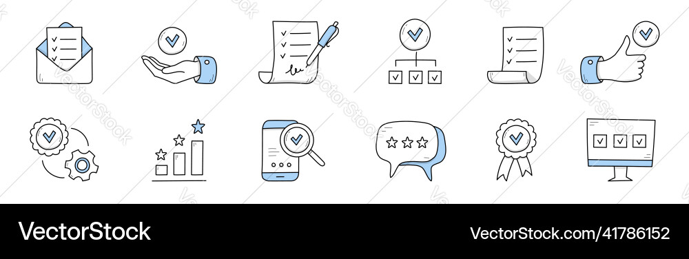 Quality control doodle icons outline signs set Vector Image