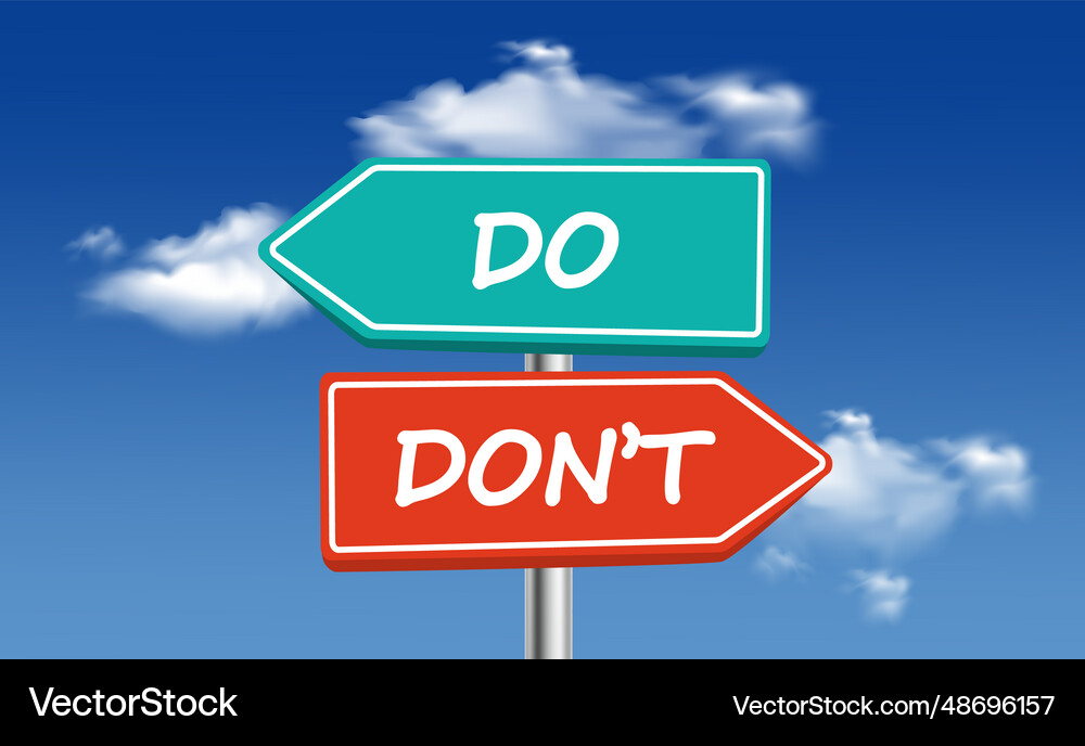 Do and dont good bad signpost on sky Royalty Free Vector