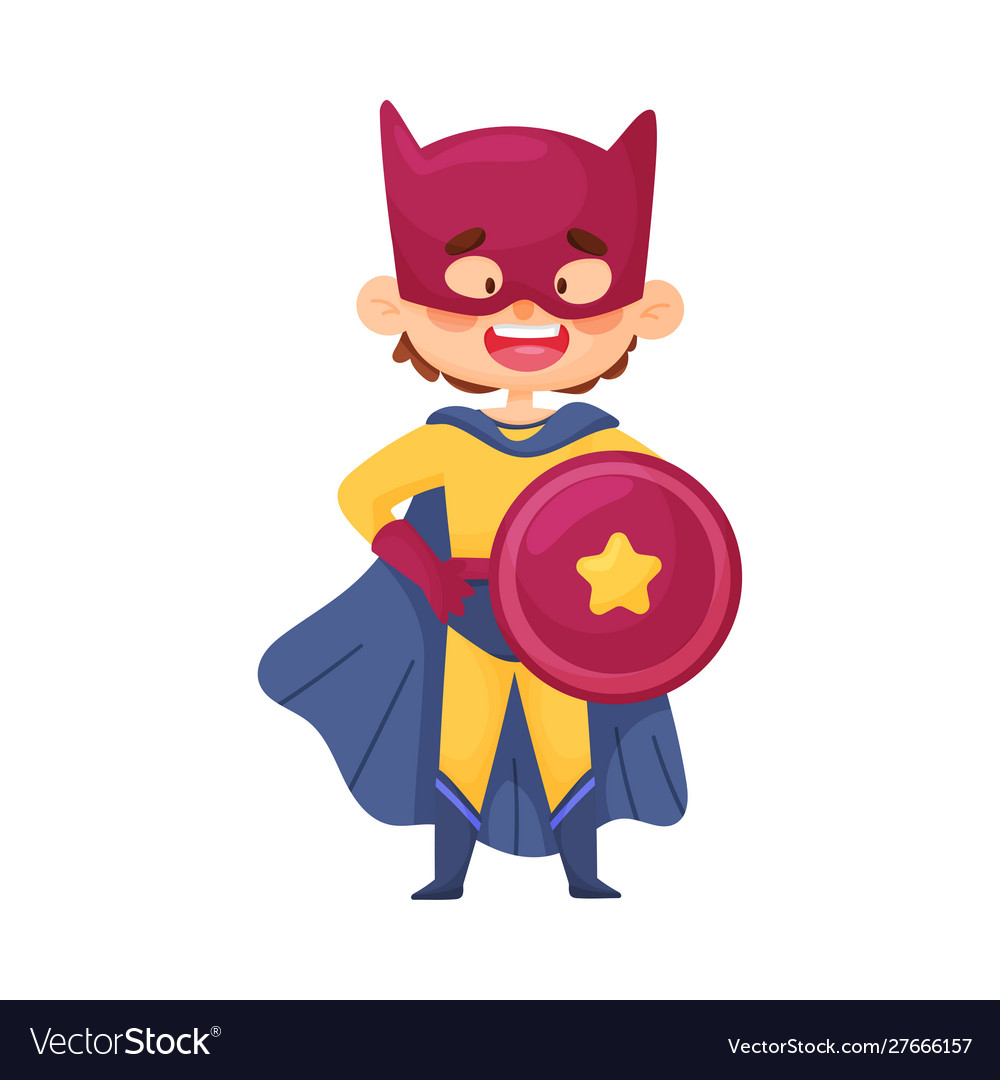 Little boy in superhero costume cloak shield Vector Image
