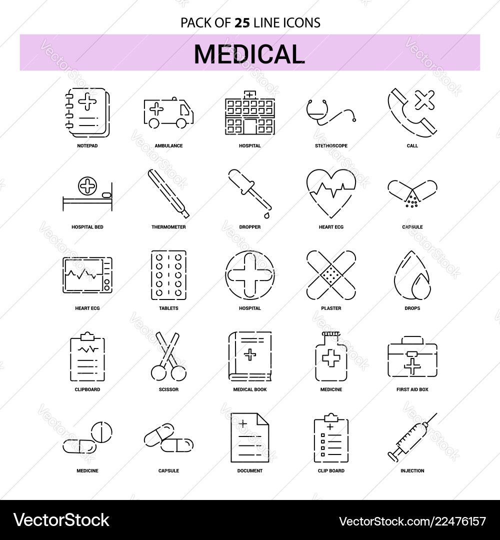 Medical line icon set - 25 dashed outline style Vector Image