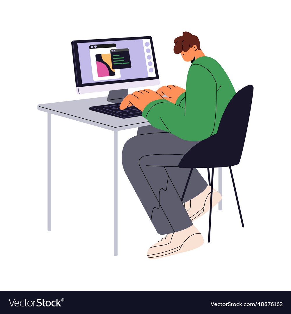 Coder writing code on computer digital designer Vector Image Coder writing code on computer digital designer Vector Image