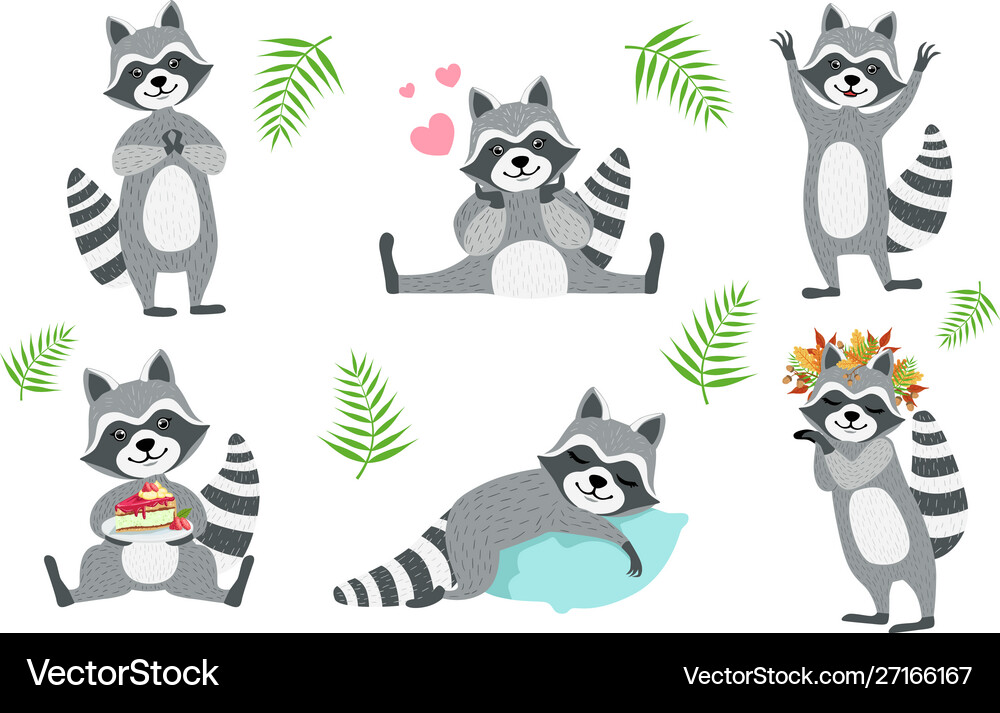 Cute funny raccoons collection adorable Royalty Free Vector