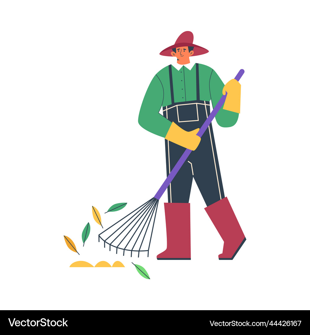 Farmer or gardener character works with a rake Vector Image