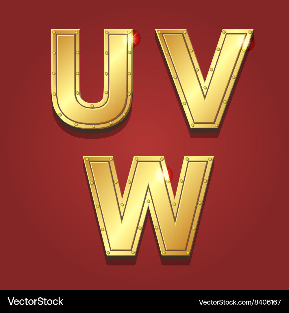 Gold letters alphabet font style U V W Royalty Free Vector