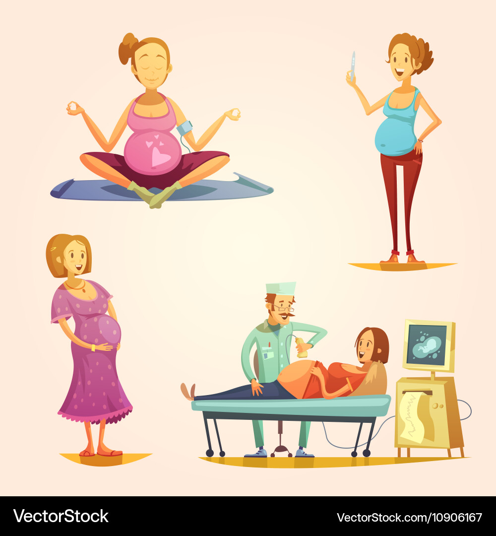 Pregnancy retro cartoon 4 icons set Royalty Free Vector