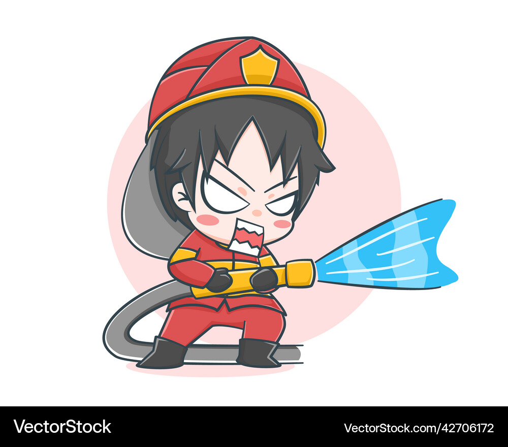 Cute fireman watering the fire cartoon Royalty Free Vector