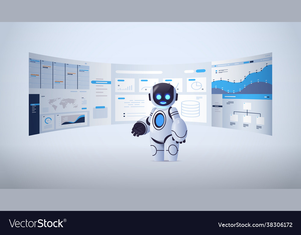 Cute Robot Analyzing Statistics Financial Data Vector Image