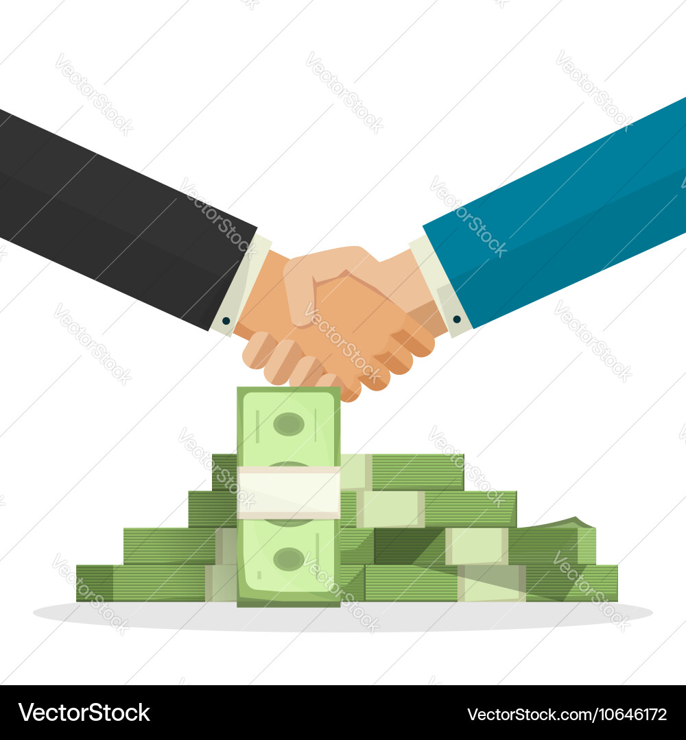 Handshake near money pile Royalty Free Vector Image