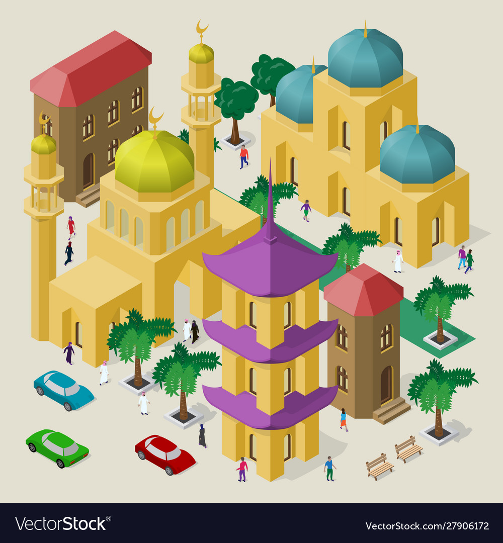Multicultural cityscape set isometric objects Vector Image