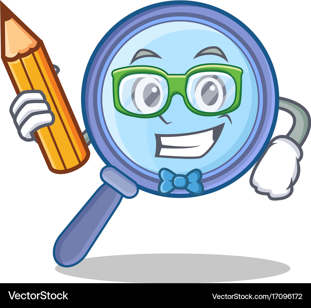 Student with pencil magnifying glass character Vector Image