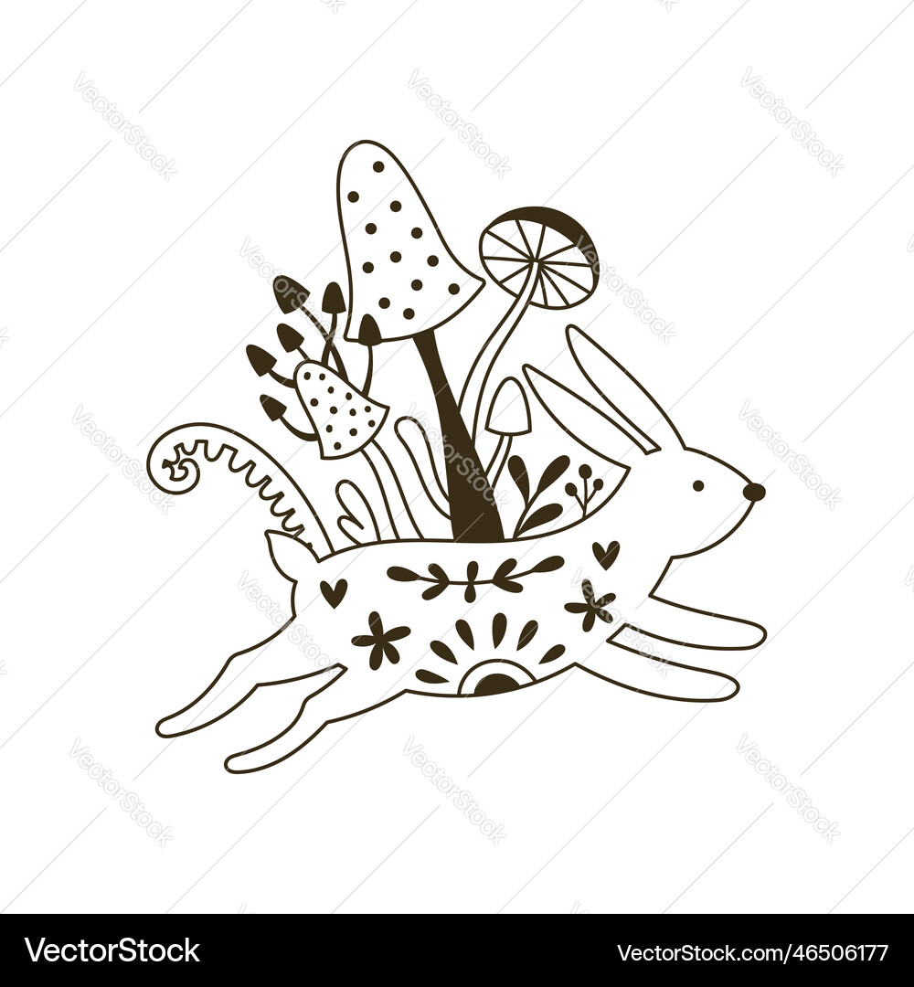 Black and white image bunny and mushrooms Vector Image