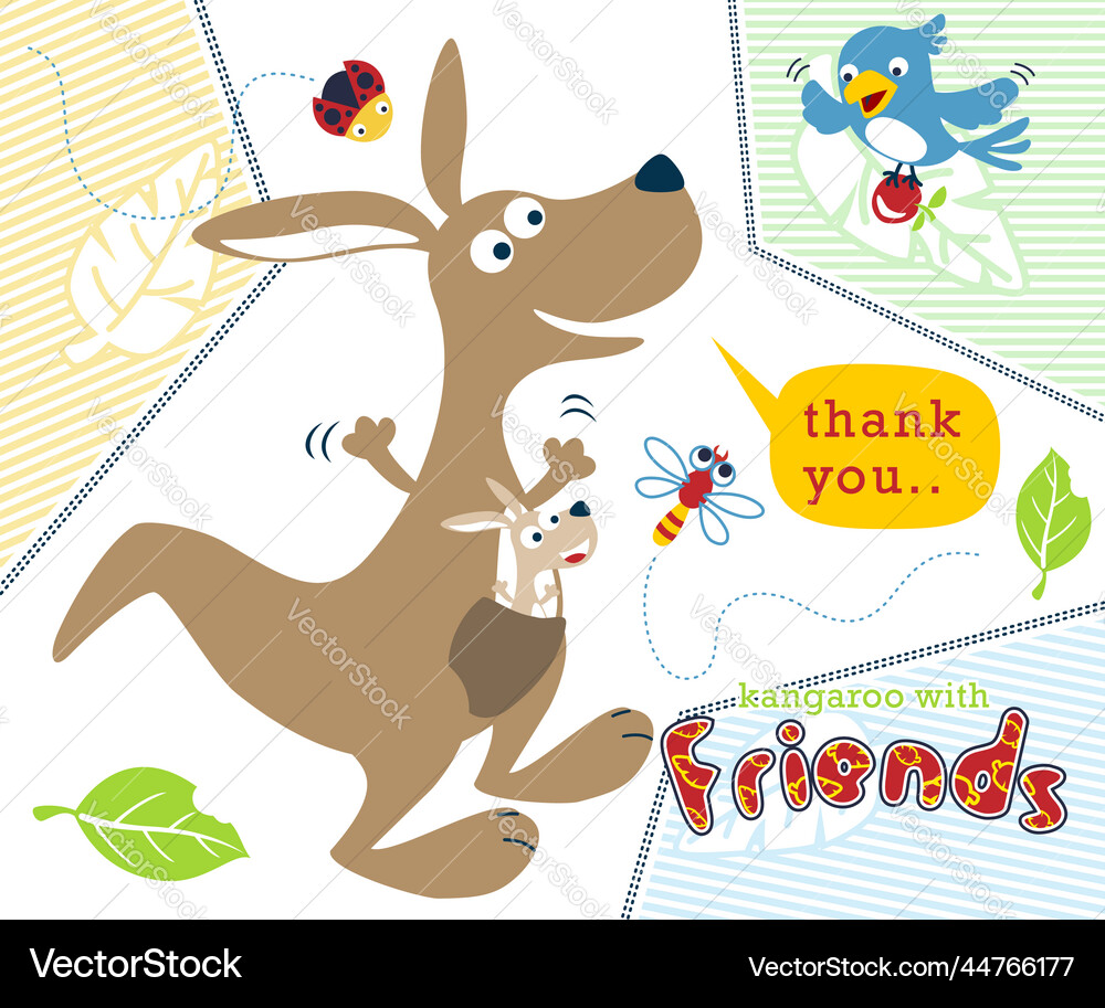 Kangaroo cartoon with bugs and bird Royalty Free Vector
