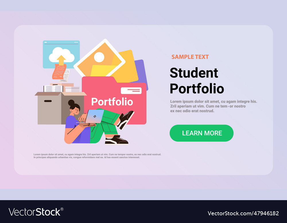 Student girl working on laptop creating portfolio Vector Image