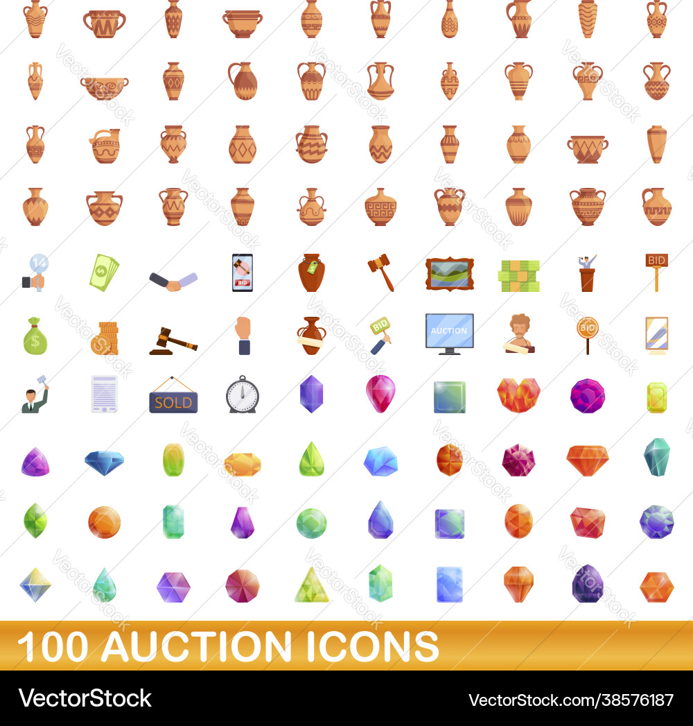 100 auction icons set cartoon style Royalty Free Vector