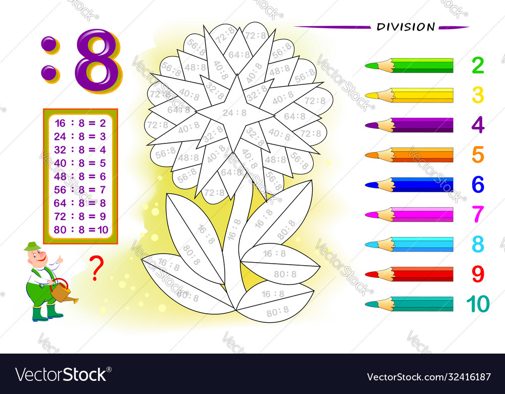 Division number 8 math exercises for kids Vector Image