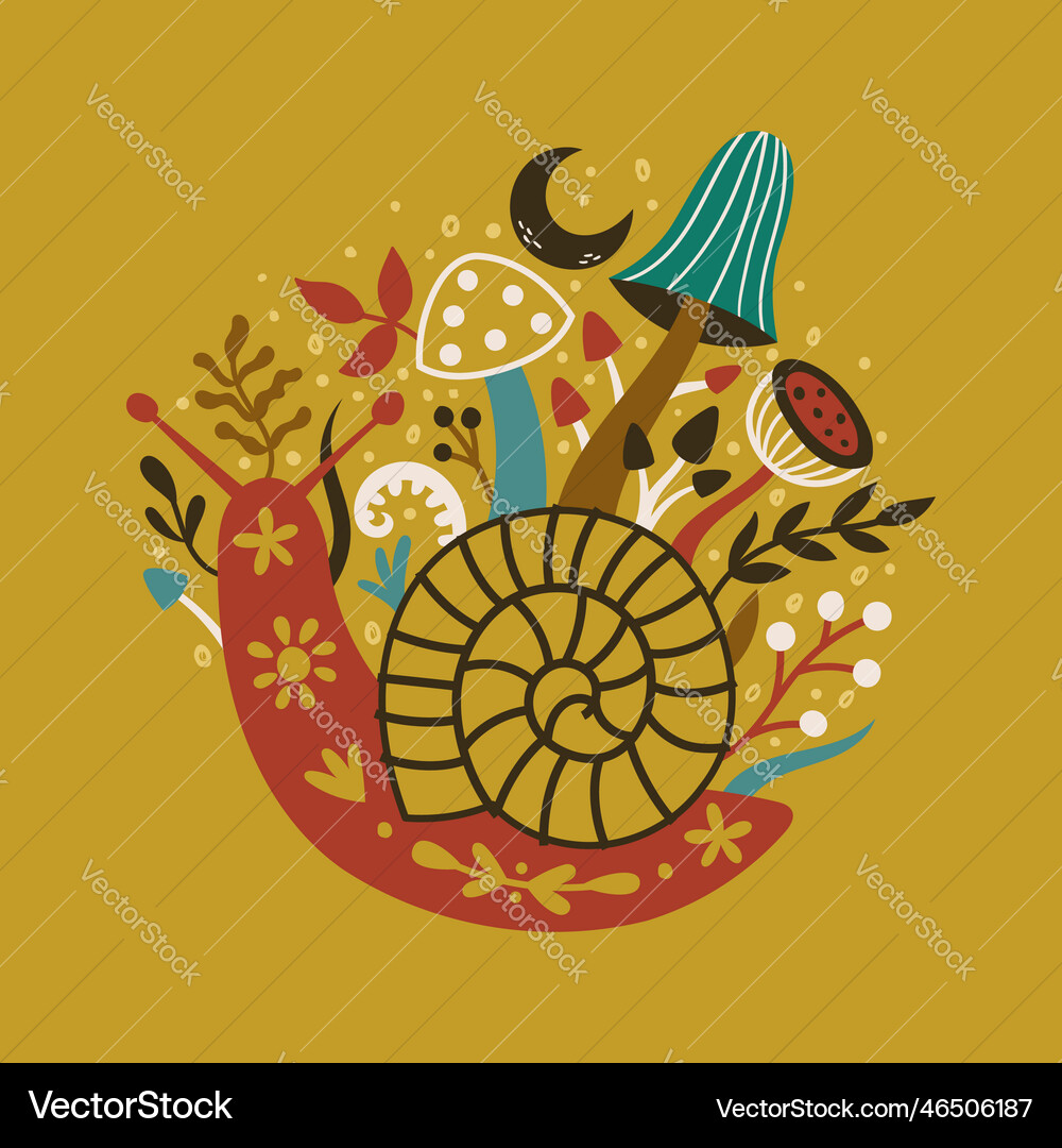 Image of a snail among mushrooms Royalty Free Vector Image