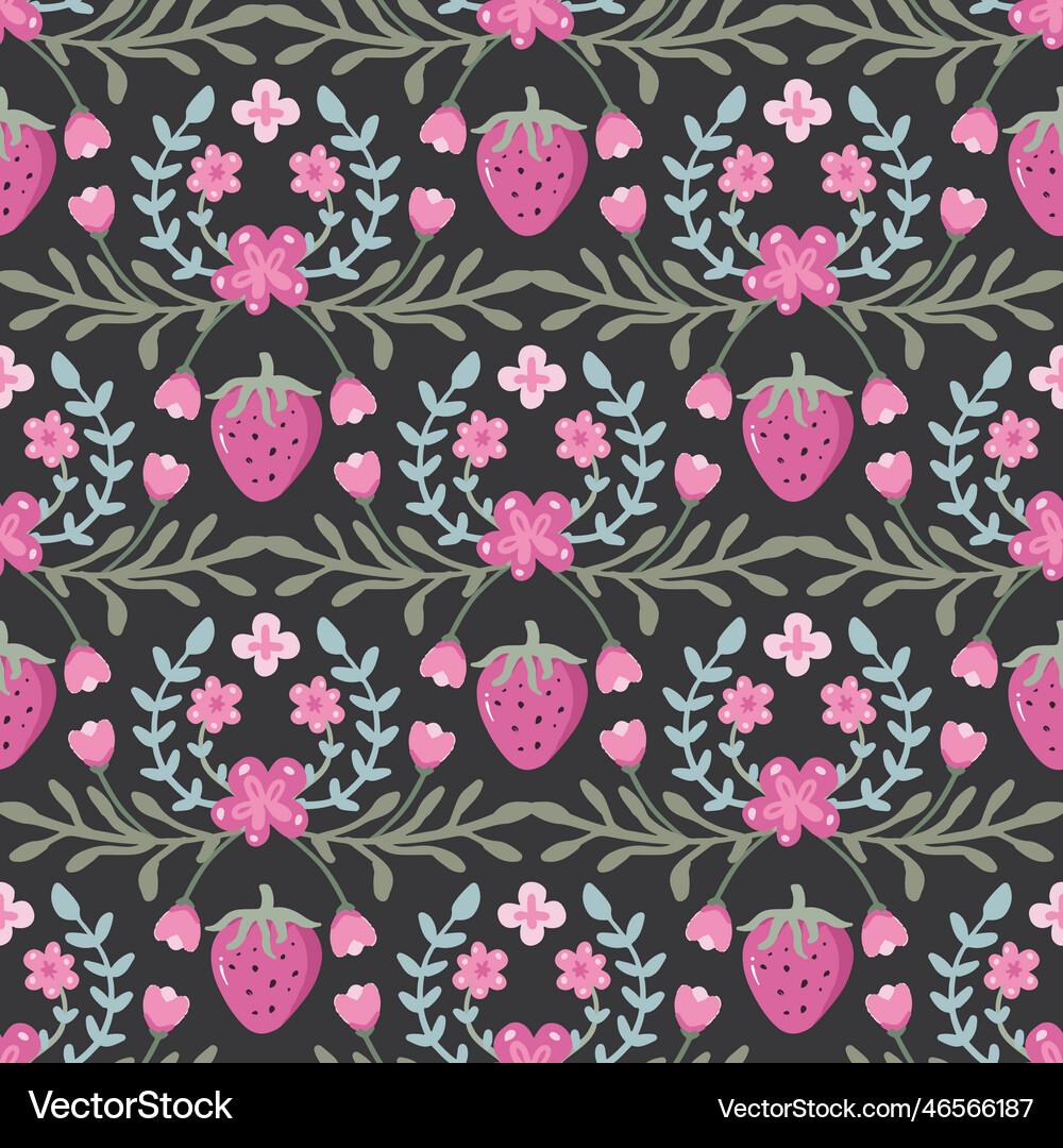 Strawberries vines floral vintage seamless pattern