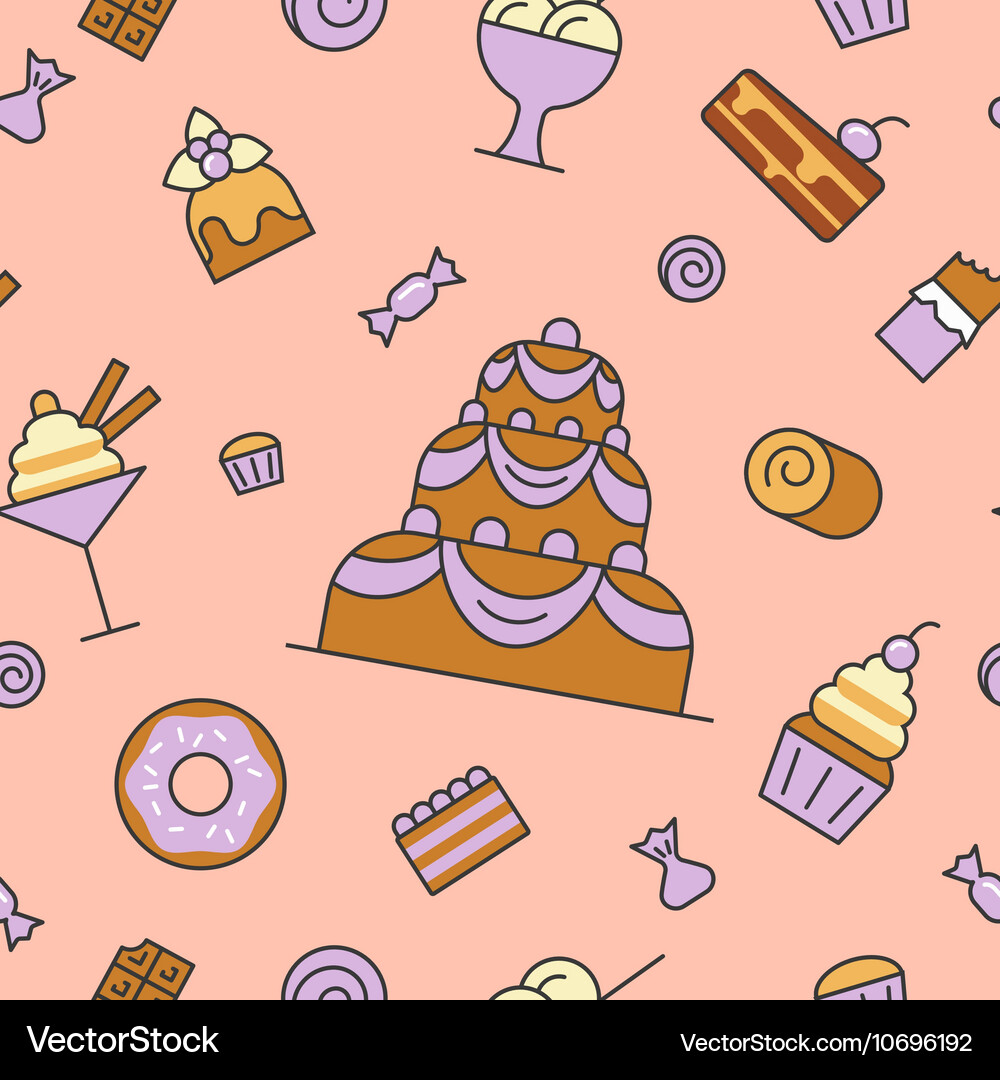 Desserts and sweets food line art seamless pattern