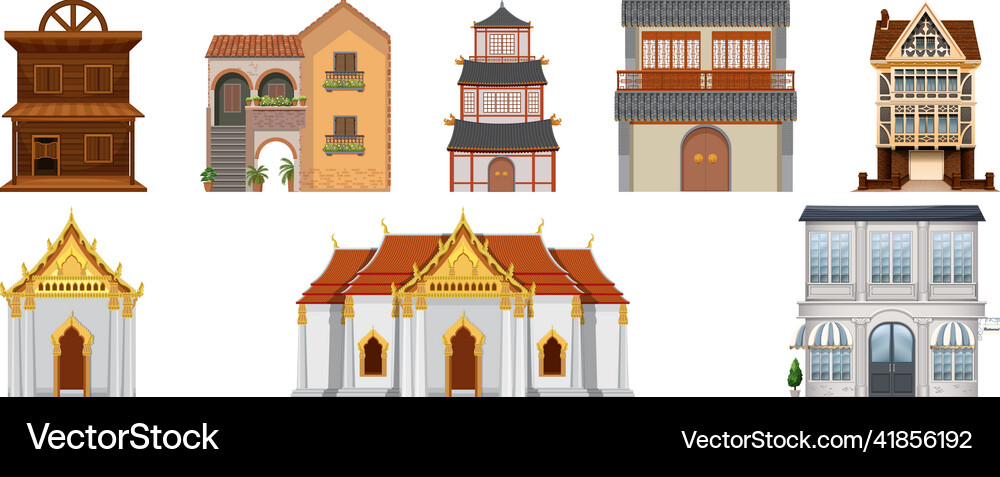 Different designs of buildings on white background