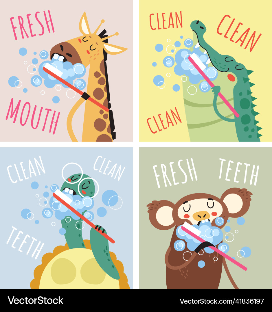 Animals clean teeth cards posters isolated set Vector Image