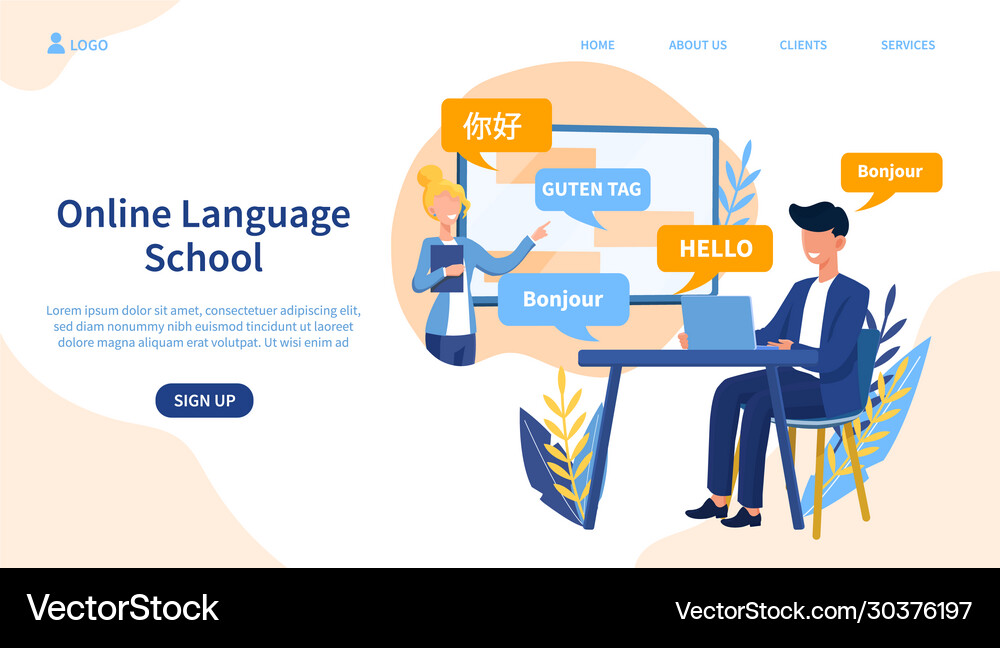 Online language school concept with man on laptop Vector Image