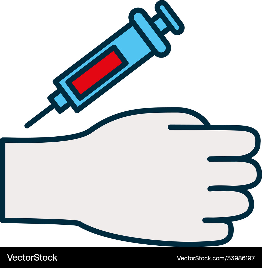 Syringe and hand icon line fill style Royalty Free Vector