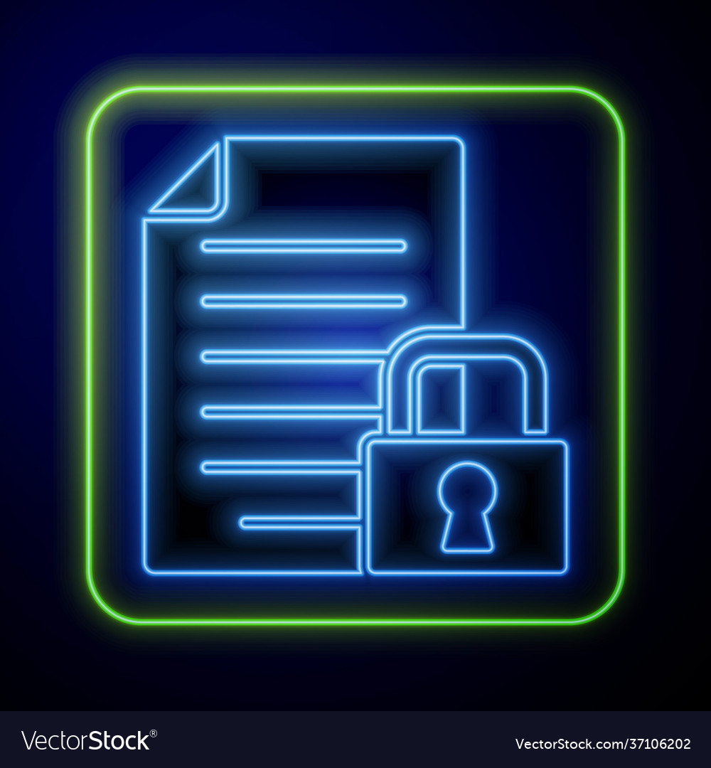 Glowing neon document and lock icon isolated Vector Image