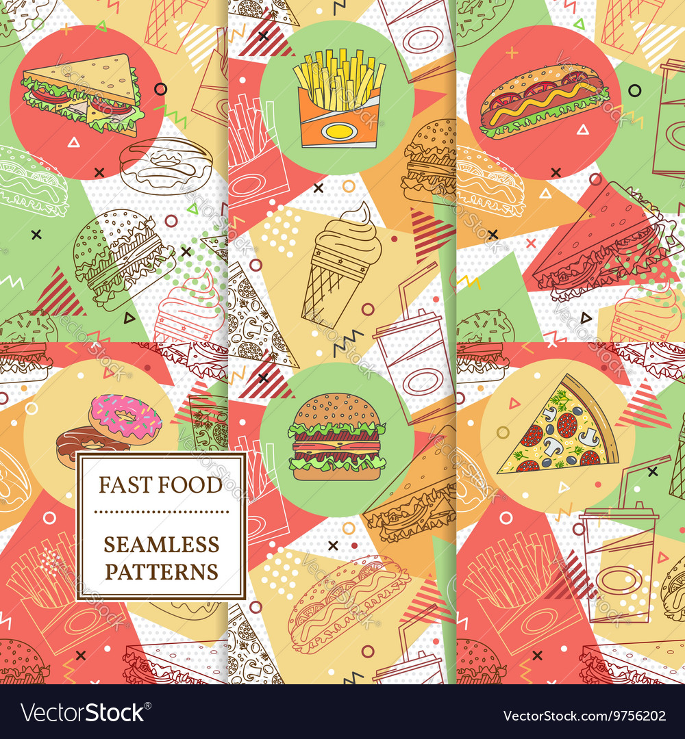Set of 6 fast food seamless patterns Geometric Vector Image