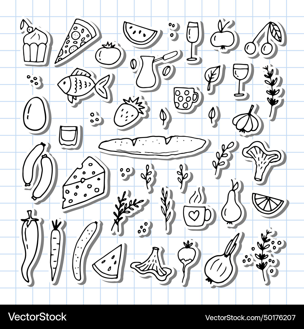 Hand drawn set of different food and drinks Vector Image