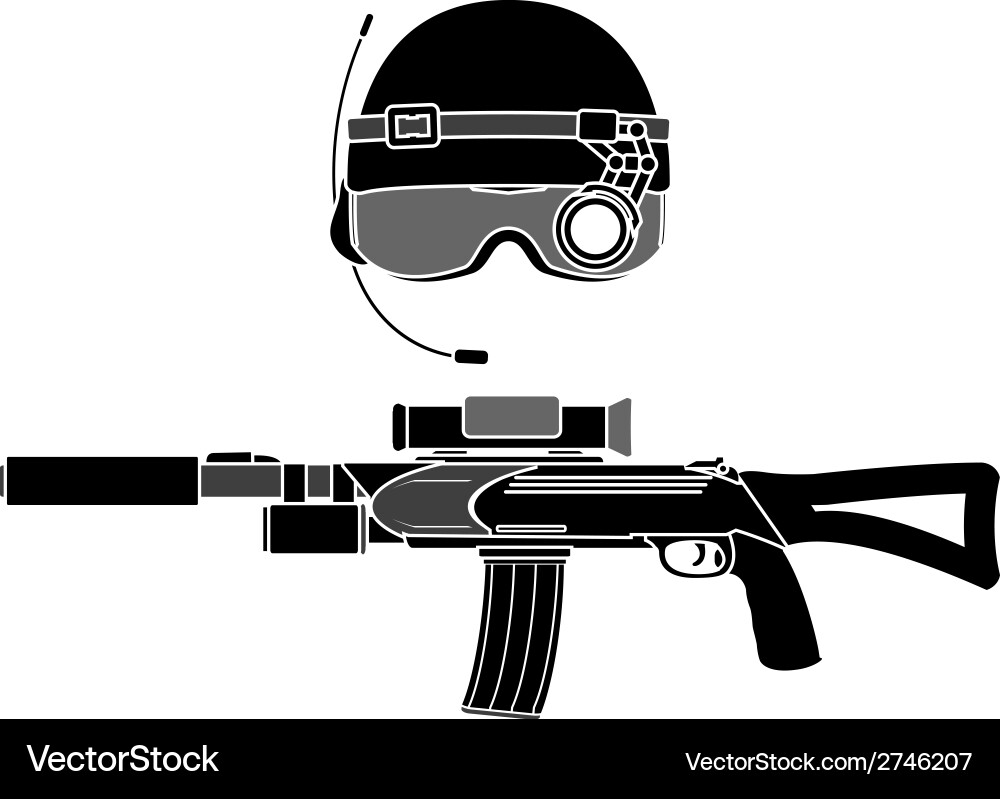 Military helmet and assault rifle Royalty Free Vector Image