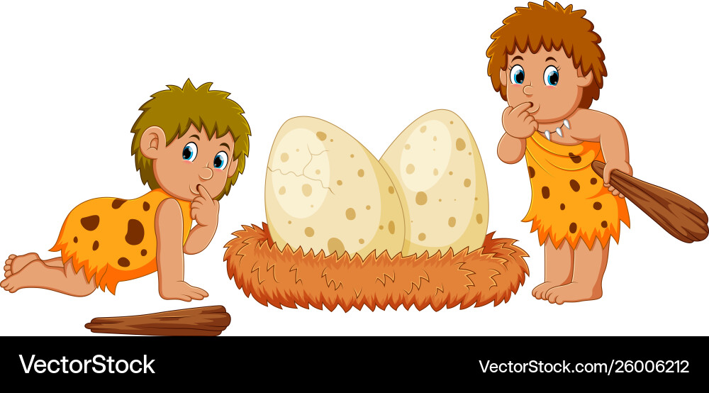 Caveman are standing beside dinosaur eggs Vector Image