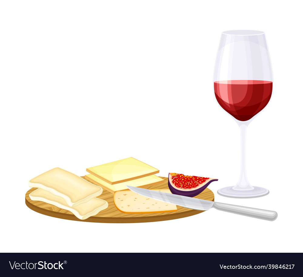Wine glass with alcoholic drink served cheese Vector Image