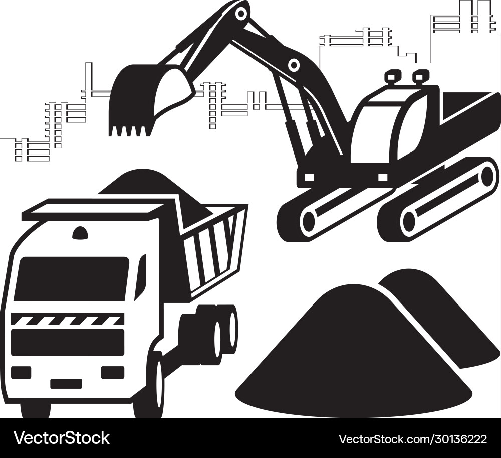 Excavator loads dump truck at construction site Vector Image