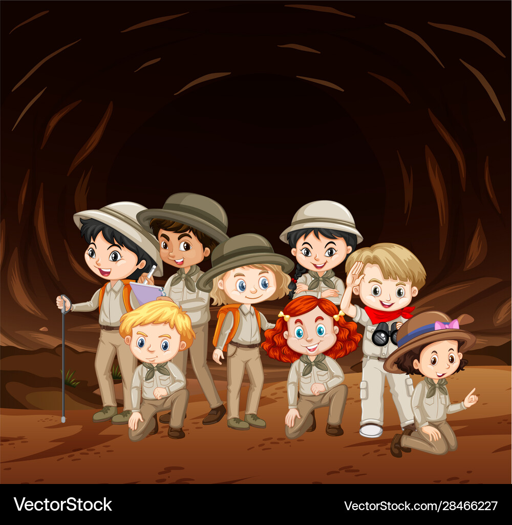 Scene with many children in cave Royalty Free Vector Image