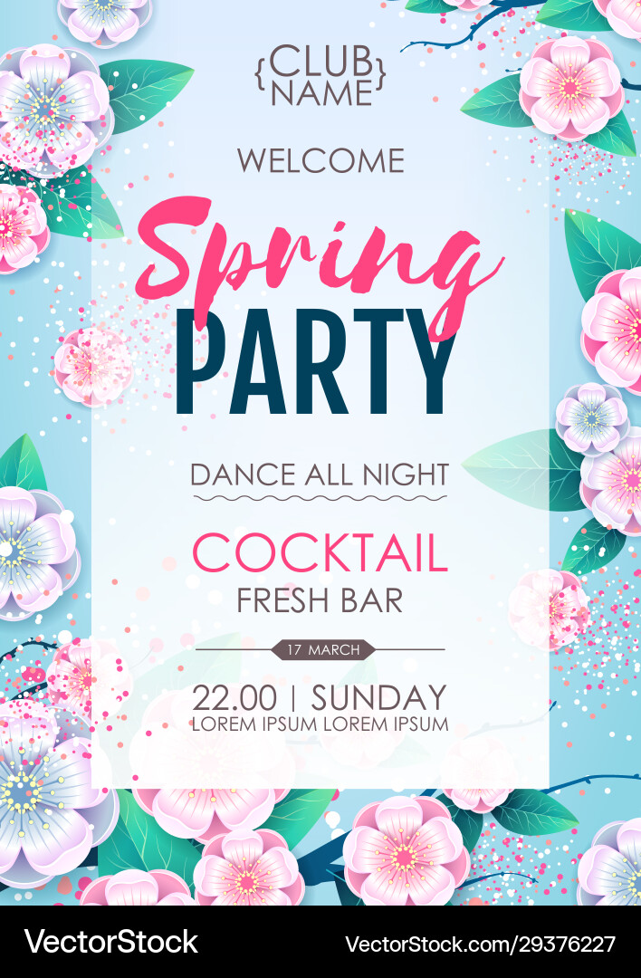 Spring party poster with full blossom flowers Vector Image