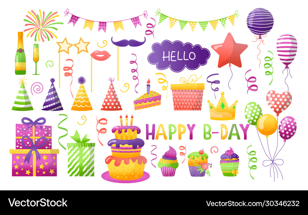 Birthday party set cartoon Royalty Free Vector Image