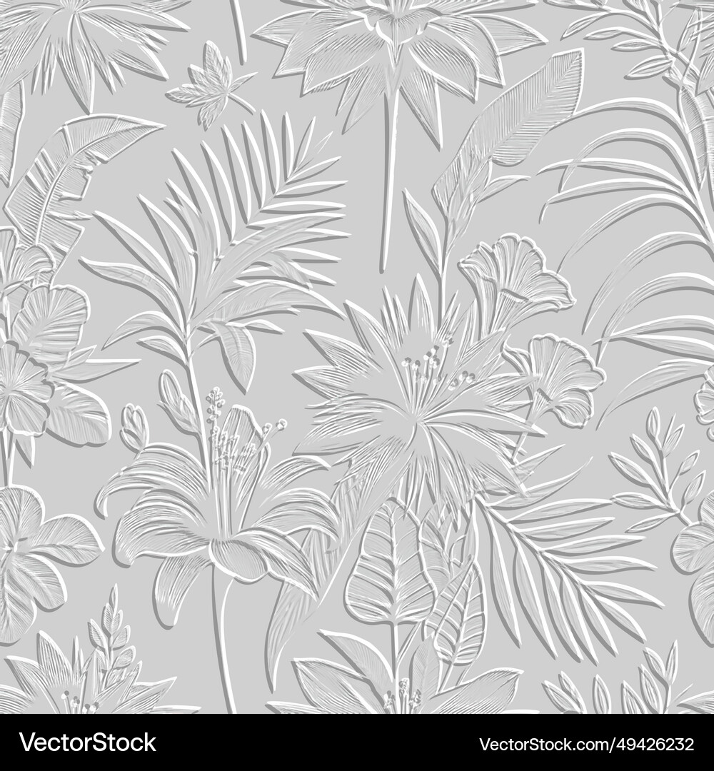 White textured floral line art emboss tropical Vector Image