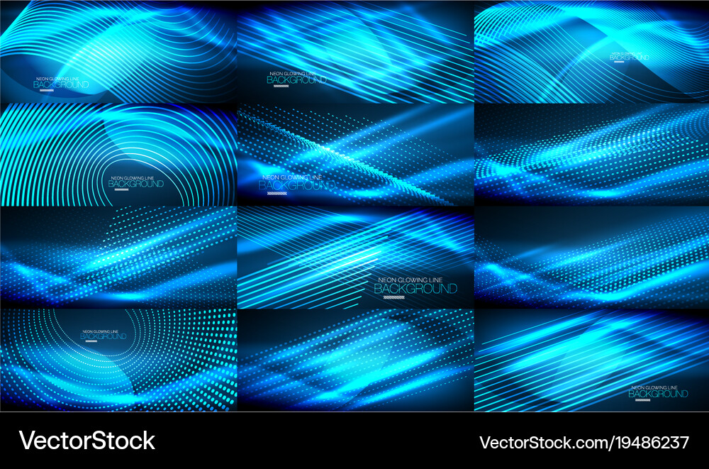 Set of blue neon smooth wave digital abstract Vector Image