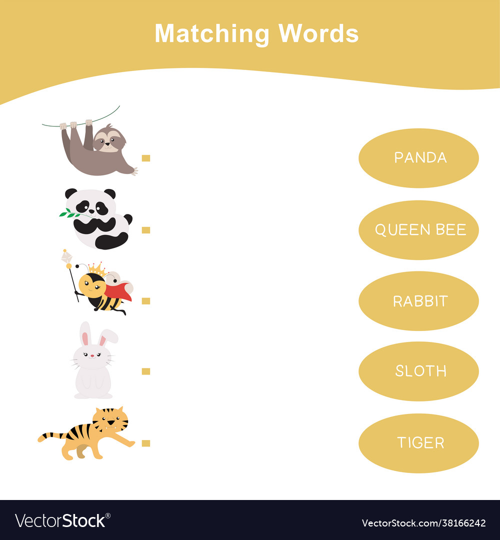 Animals matching words game educational Royalty Free Vector