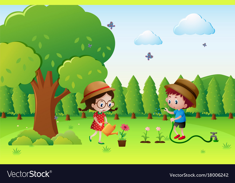 Kids watering plants in garden Royalty Free Vector Image