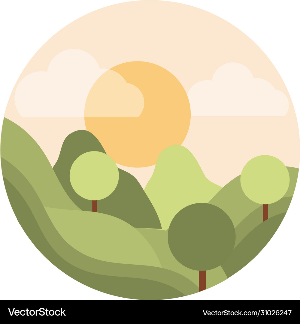 Landscape nature mountains round trees forest sun Vector Image