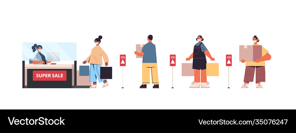 People in protective masks standing in line queue Vector Image