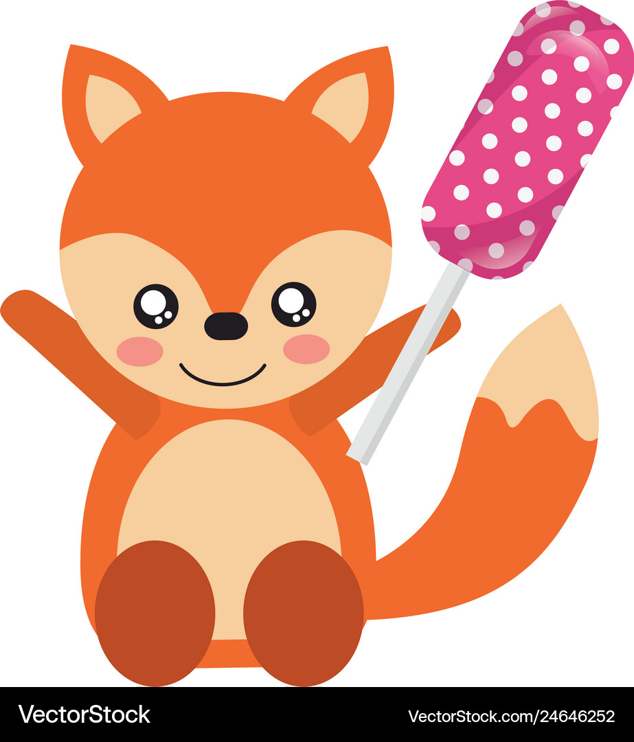 Cute fox with lollipop sweet candy Royalty Free Vector Image