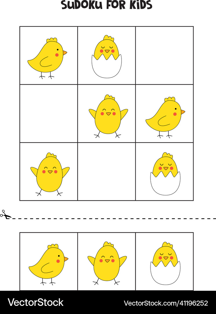 Sudoku game with cartoon easter chickens for kids Vector Image