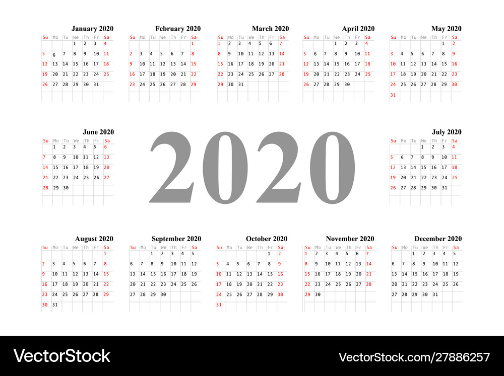 Calendar 2020 pocket basic grid Royalty Free Vector Image