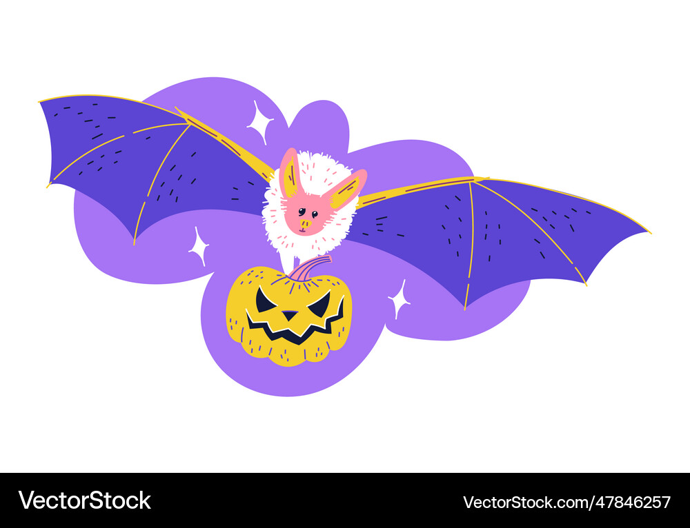 Flying bat carrying in paws yellow pumpkin flat Vector Image