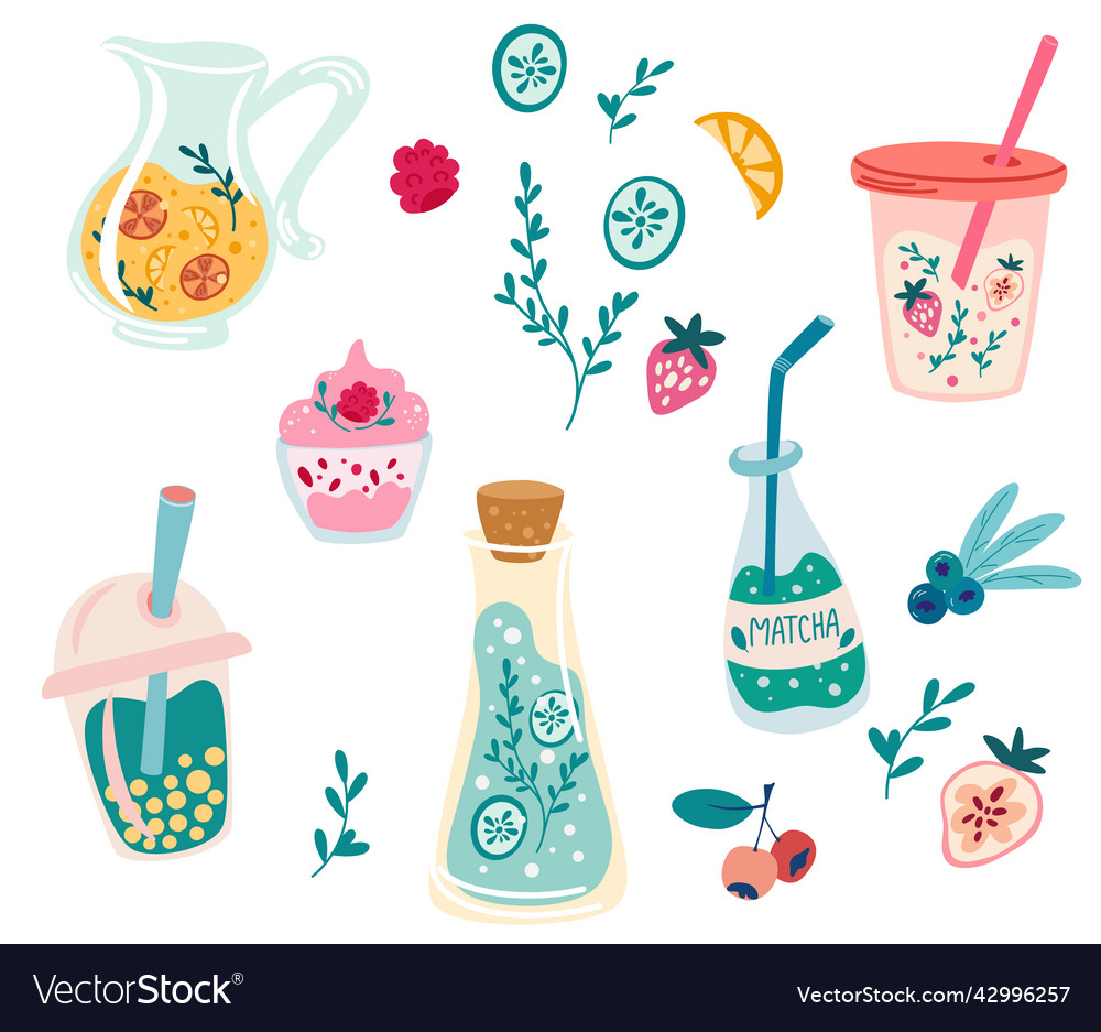 Summer food and drinks cocktails berries fruits Vector Image