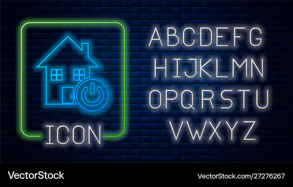 Glowing neon smart home icon isolated on brick Vector Image