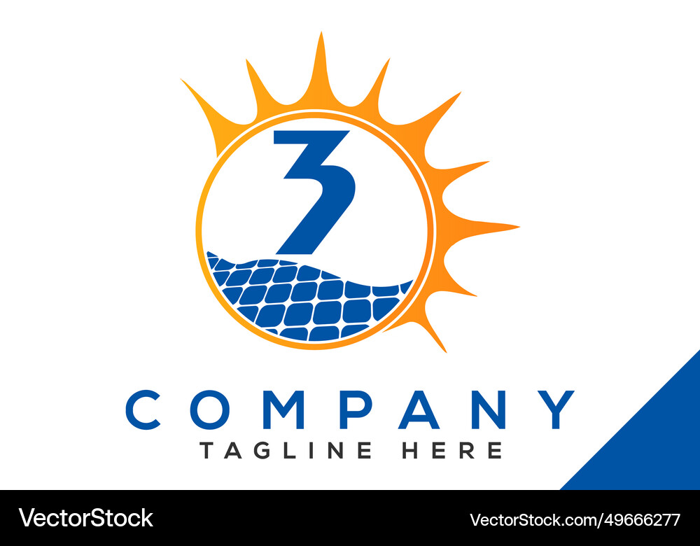 Letter 3 with solar panel and sun sign logo Vector Image